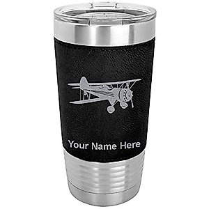 LaserGram 20oz Vacuum Insulated Tumbler Mug, Biplane, Personalized Engraving Included (Faux Leather, Black)