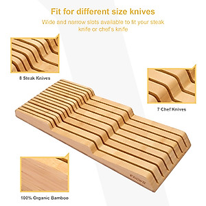 enowo Bamboo Knife Block Knife Drawer Organizer, Knife Holder for Kitchen Drawers Hold 15 Knives(Not included), Kitchen Knife Organizer Drawer Insert, Perfect for Home and Chefs