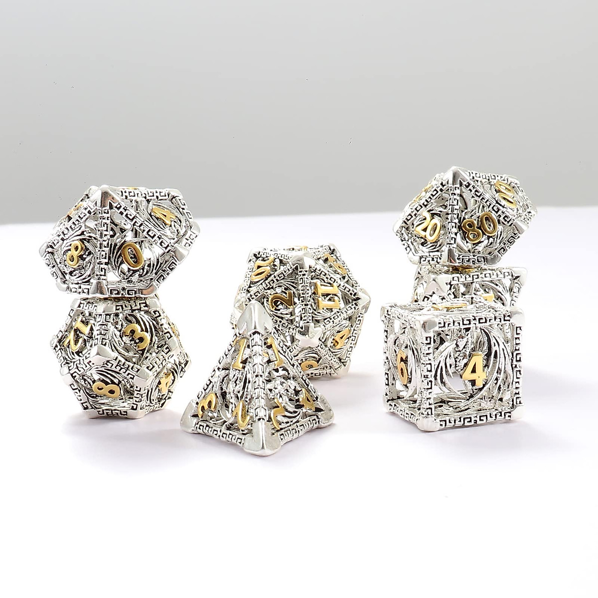 DDFE New Hollow Metal DND Dice 7Pcs Set for Dungeons and Dragons RPG MTG Table Games D&D Pathfinder Shadowrun and Math Teaching,d and d Game Dice with Gift Box,Great DND Gifts