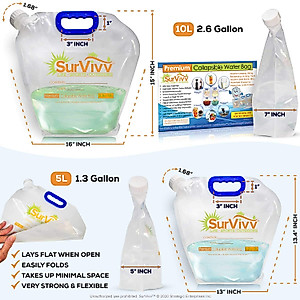 SurVivv Premium Collapsible Water Container Bag, No-Leak, Freezable, Odorless, Flat Folding, BPA Free Food Grade Clear Plastic Storage Tank for Sports Outdoors Camping (1.3 Gal 5Pk)