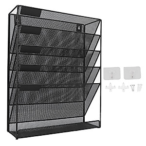 Wall File Organizer 5 Tier Black Heavy Duty Metal Mesh Hanging Mail Magazine Rack 40 x 32 x 11 cm Wall Mount Paper Holder for Newspaper Folders