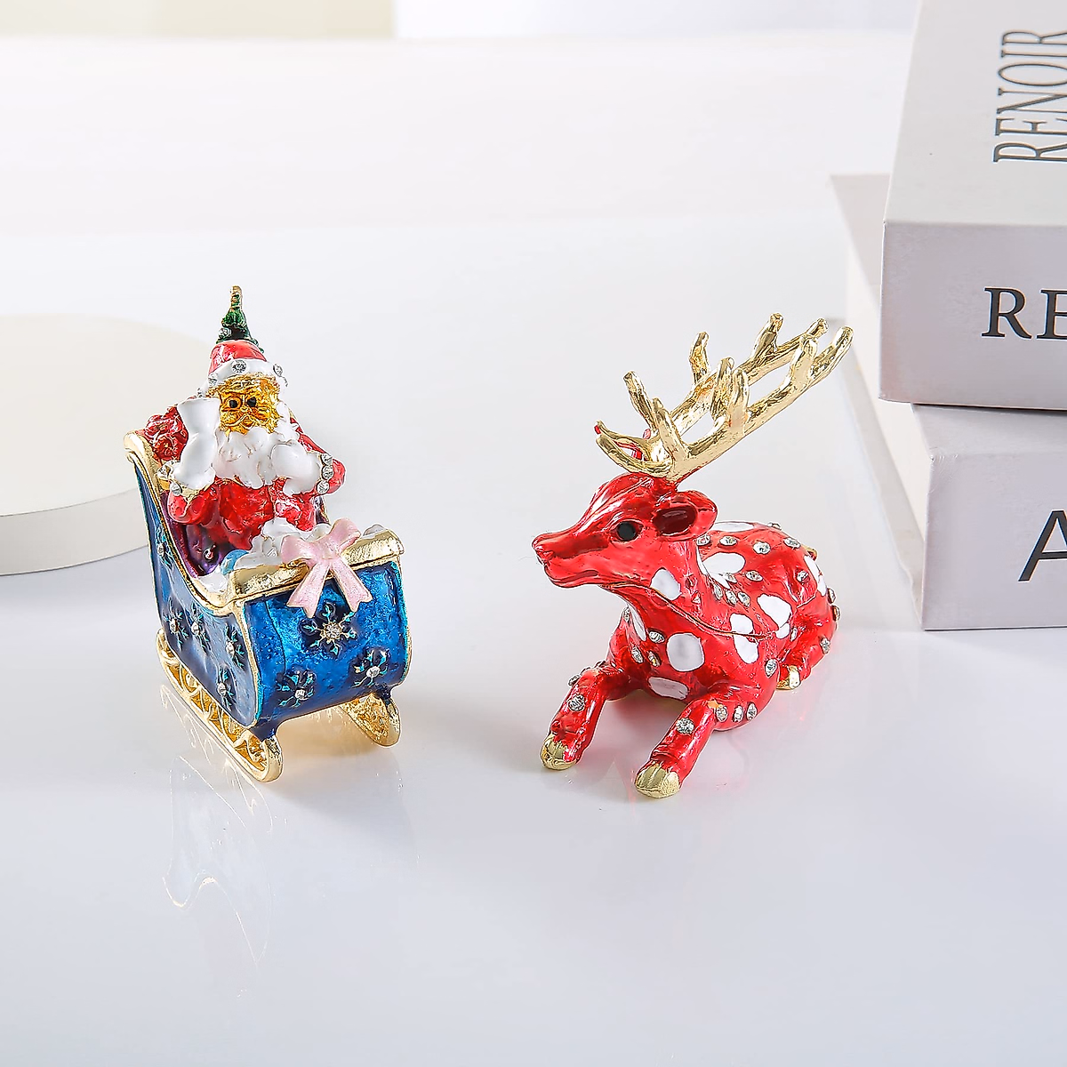 Ingbear Red Sika Deer & Santa Claus Figurine Hinged Trinket Boxes, Unique Gift for Thanksgiving Day & Christmas Day, Hand-Plated Enameled Jewelry Box, Animals Ornaments for Home Décor