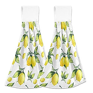 KOCOART Lemon Yellow Kitchen Towels Bathroom Hand Towel Hanging Tie Towel with Loop 2PCS Soft Absorbent Dish Cloth Fingertip Towel for Oven Stove Handle Tabletop
