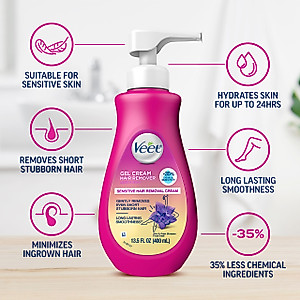 VEET 5 Min Sensitive Skin Hair Removal Cream For Women, Painless Bikini Hair Removal Gel Kit, Dermatologically Tested For Body & Intimate Areas, 27.04 Fl Oz Total, Pack of 2