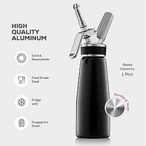 FineDine Professional Whipped-Cream Dispenser - Highly Durable Aluminum Cream Whipper, 3 Various Stainless Culinary Decorating Nozzles and 1 Brush - Canister with Recipe Guide - Homemade Cream Maker