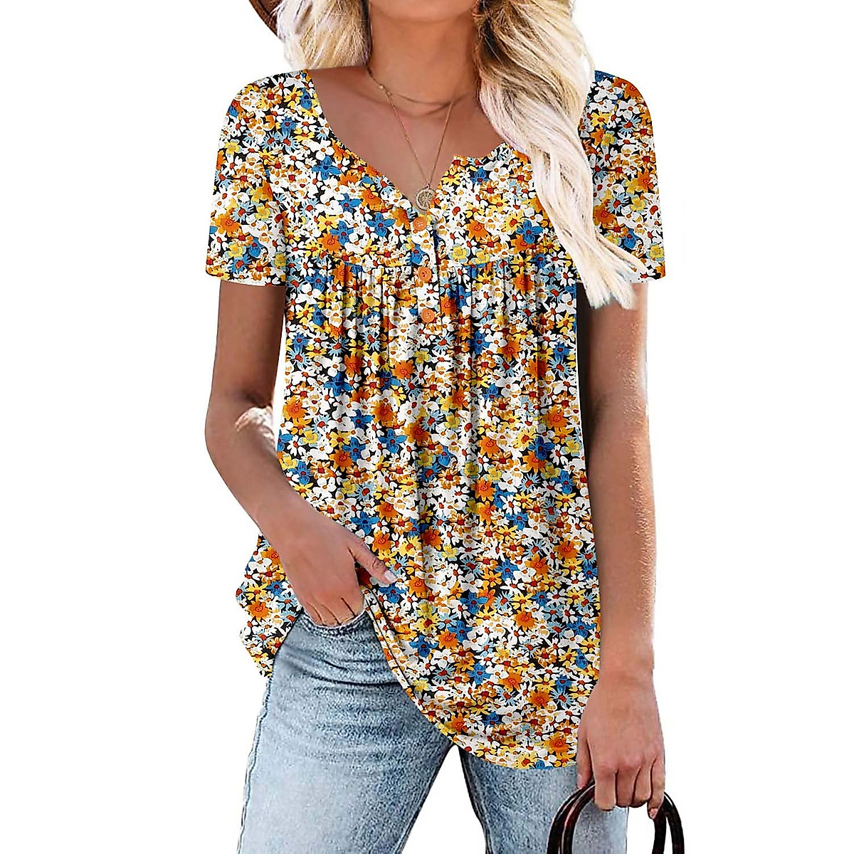 onlypuff Babydoll Tops for Women Flowy Summer Tunic Tops Casual Floral Short Sleeve Flowy Tops to Hide Belly Blouse Yellow S
