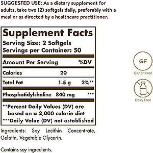 Solgar Phosphatidylcholine, 100 Softgels - Promote Healthy Cognitive Function - Derived From Lecithin - Contains Choline for Neurotransmitter Acetylcholine - Gluten Free, Dairy Free - 50 Servings