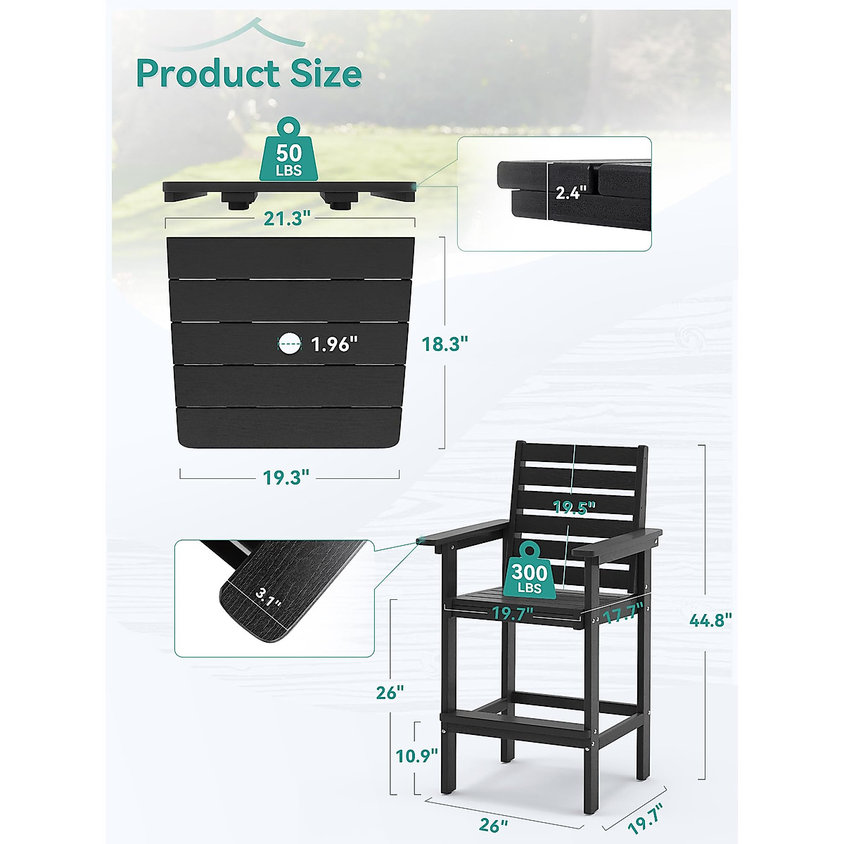 Homenjoy Tall Adirondack Chair Set of 2 with Connecting Tray, HDPE Weather Resistant Patio Bar Stools, Heavy Duty Bar Height Adirondack Chairs with Footrest, 26" H Balcony Chair for Deck,Black