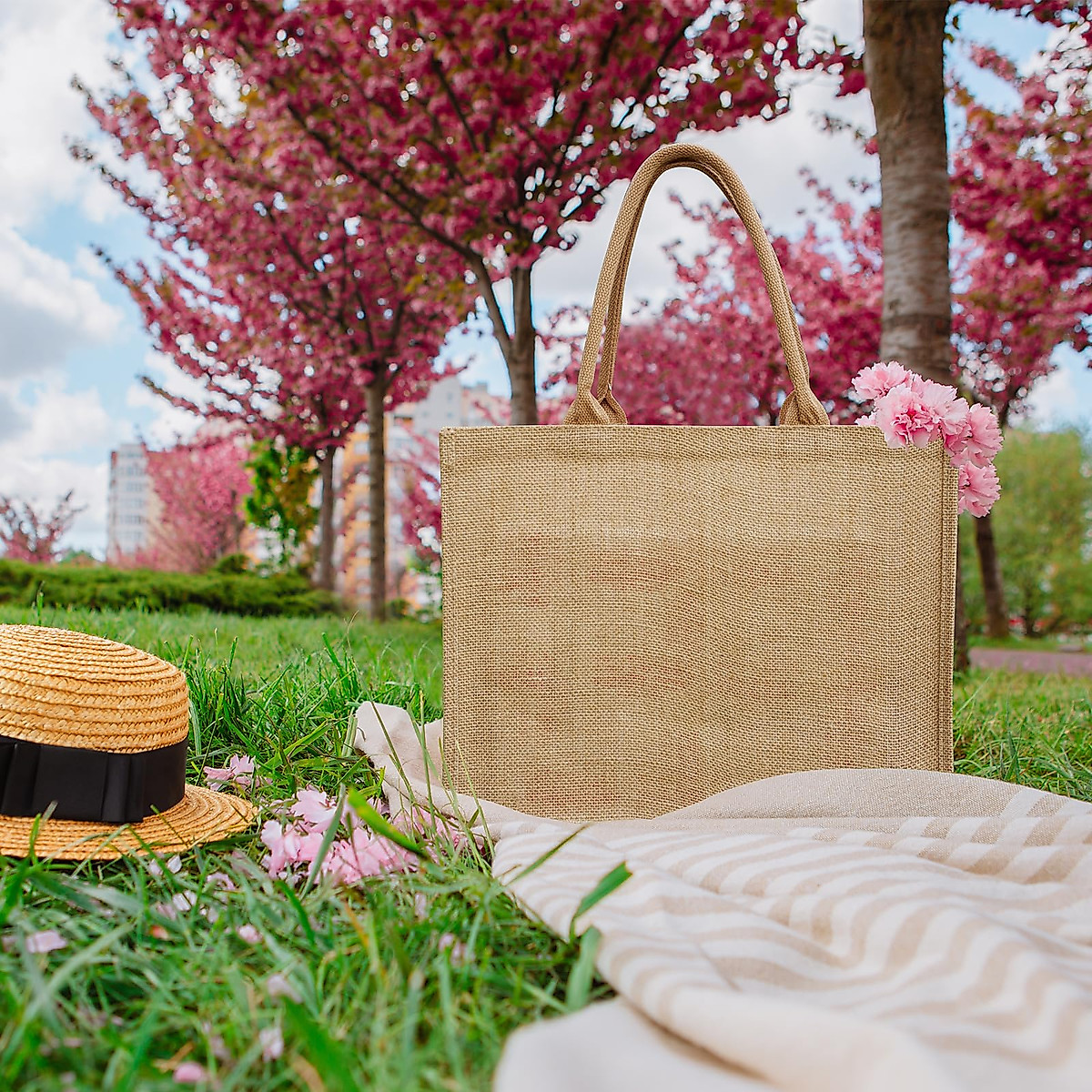 YOTNUS 10 Pack Burlap Jute Tote Bag, Reusable Grocery Bags with Handle Waterproof Beach Bag Bulk, Market Bag Burlap, Gift Bags, Large DIY Blank Tote for Wedding, Bridesmaid Bachelorette Bags