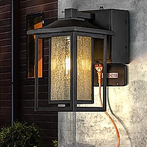 ALOADECOR 1 Light Black Dusk to Dawn Sensor Outdoor Wall Lantern Coach Sconces Light with Seeded Glass and Built-in GFCI Outlets Modern Exterior Light Fixture Wall Mount for Garden W 6.3 inch