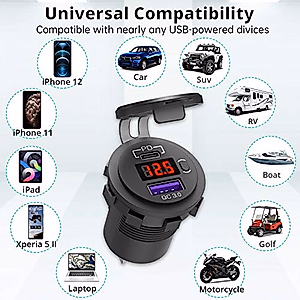 12V USB C Car Charger Socket, Ouffun Dual PD & QC 3.0 Ports 12V USB Car Outlet Adapter with Button Switch, lPhone Fast Charger with 23.7 Inches Wire for Car Boat Marine Bus Golf Cart RV Motorcycle