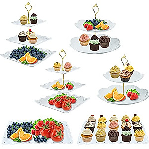 6 Set Cupcake Stand Dessert Stand 3 Tier Cake Stand White Plastic Party Cupcake Holder Tiered Candy Dessert Display Plates Serving Tray Table Decor for Baby Shower Wedding Birthday Celebration