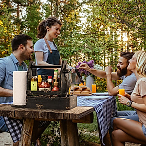 BOWERISH Distressed Wood BBQ Caddy with Paper Towel Holder and Three Utensil Holder - Ideal Organizer for Picnic Condiment and Outdoor Grill Accessories - Sturdy Iron Handle and Classic Bottle Opener