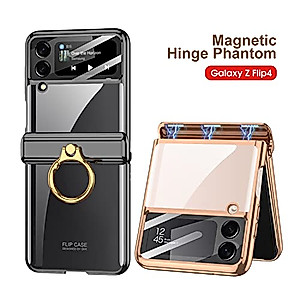 SHIEID Samsung Galaxy Z Flip4 Case with Hinge Protection, Crystal Hard PC Bumper Galaxy Z Flip 4 Crystal Case with Ring Transparent Cover for Samsung Galaxy Z Flip4, Mist Gold