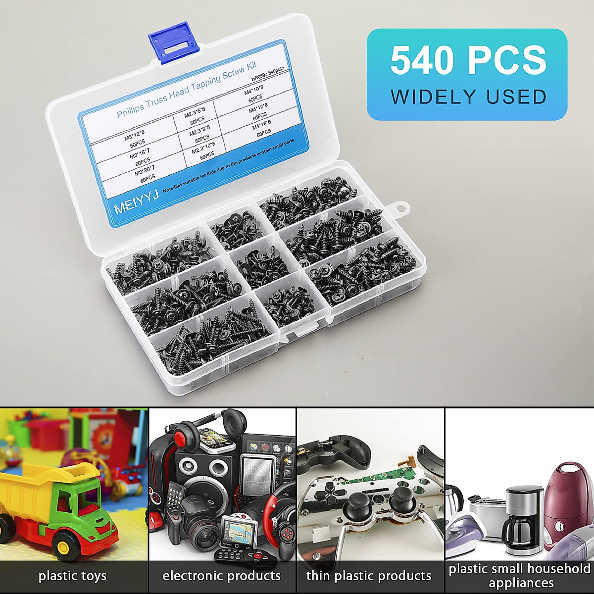 MEIYYJ 540pcs M2.3 M2.6 M3 Phillips Truss Head Tapping Screw Wafer Head with Washer, Self Tapping Screw Assortment Kit, Black Carbon Steel.