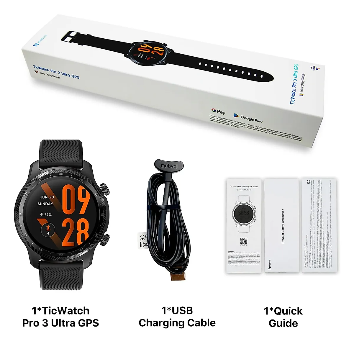 Ticwatch Pro 3 Ultra GPS Smartwatch Qualcomm SDW4100 and Mobvoi Dual Processor System Wear OS Smart Watch for Men Fatigue Assessment 3-45 Days Battery NFC Mic Speaker iOS Android Compatible