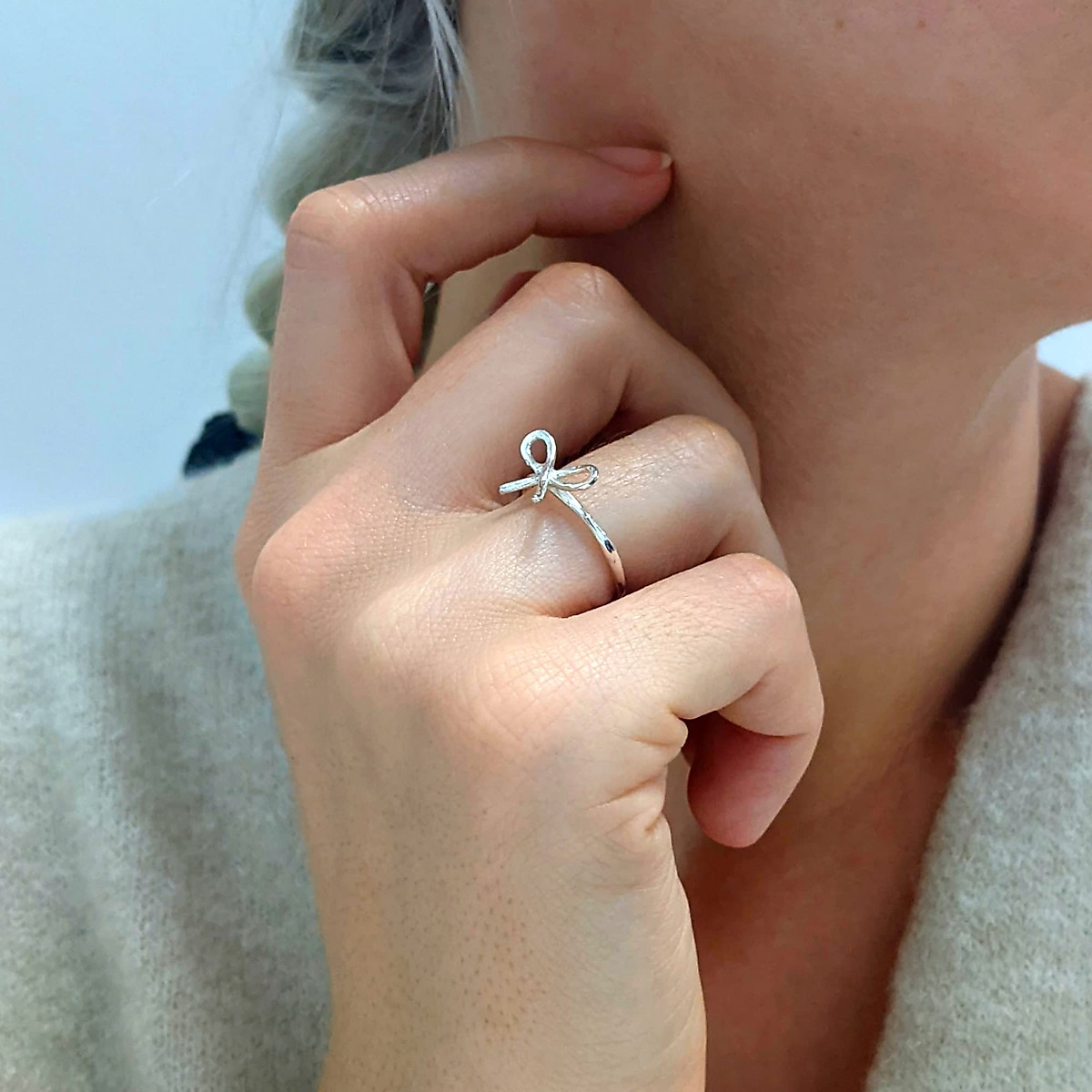 Silverly Women's 925 Sterling Silver Thin Bow Ribbon Knot Open Band Ring