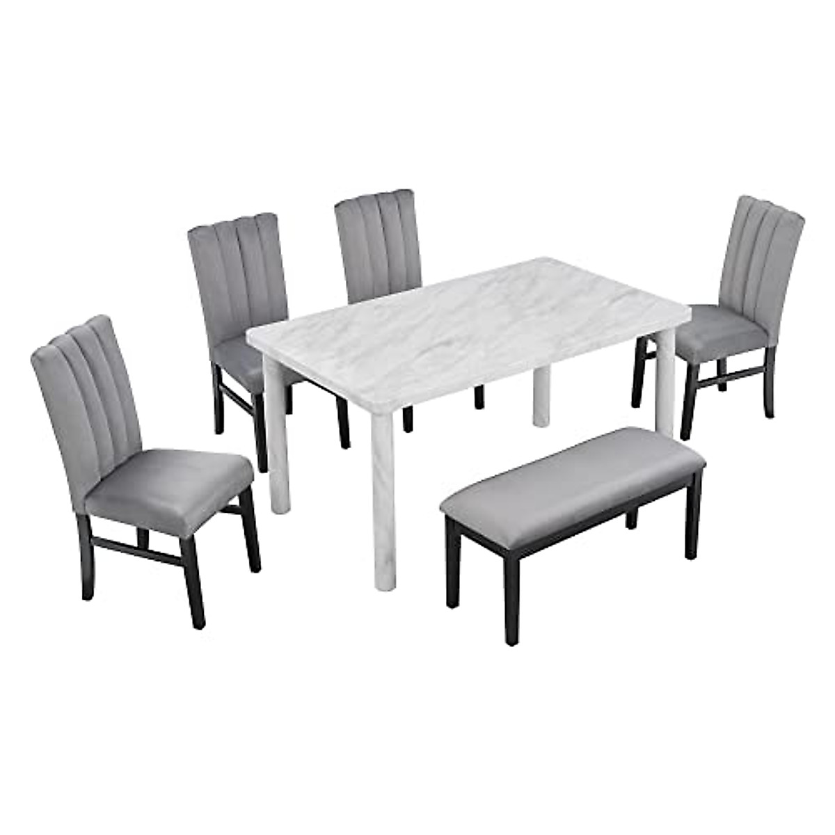 KoiHome 6-Piece Marble Veneer 4 Flannelette Upholstered Chairs & Bench with Cushion, East-West Furniture Dining Room Restaurant Table Set, Set of 6 (White+Gray)