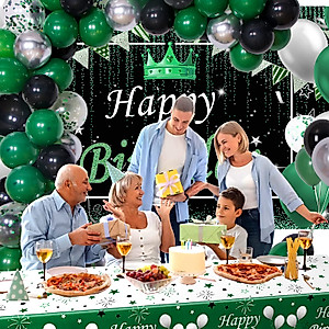 Birthday Decorations for Men Women, Green Black Birthday Party Decorations Happy Birthday Backdrop Banner Latex Confetti Balloons Disposable Tablecloth Boys Girls Bday Party Supplies