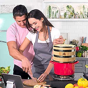 CrownSpire - bamboo steamer 10 inch - bamboo steamer basket - for vegetables + sea food + dumpling cutter + Stainless Steel chopsticks - adapter ring - reusable silicone liners - rolling pin