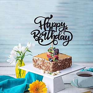 Crseniny Happy Birthday Cake Topper,Black Glitter Birthday Sign Cake Decorations，Anniversary Party/Birthday Party Decoration Supplies(Black)