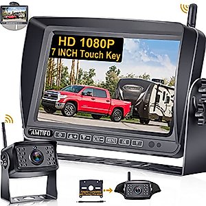 AMTIFO RV Backup Camera Wireless HD 1080P 8 Inch Touch Key Monitor Trailer Rear View System for Truck 5th Wheel Camper Reverse Cam DVR Split Screen 4 Channels Compatible with Furrion Pre-Wired RVs A5