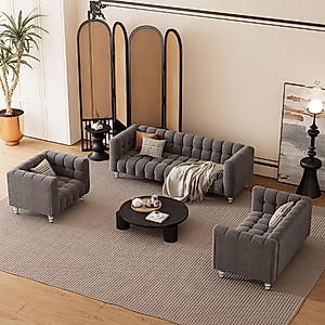 3-Piece Sofa Sets Living Room Sets with Solid Wood legs, Buttoned Tufted Backrest, Dutch Fleece Upholstered Couches Sets Including 3-Seat Sofa, Loveseat and Chair for Living Room (Grey)