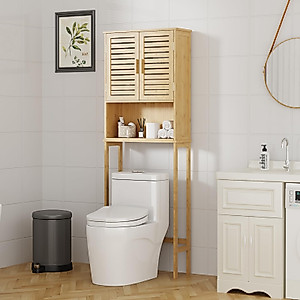 JoanKaren Over The Toilet Storage Cabinet,Bamboo Bathroom Cabinet with Adjustable Shelf and Doors,Freestanding Above Toilet Shelf for Bathroom,Space-Saving Toilet Rack