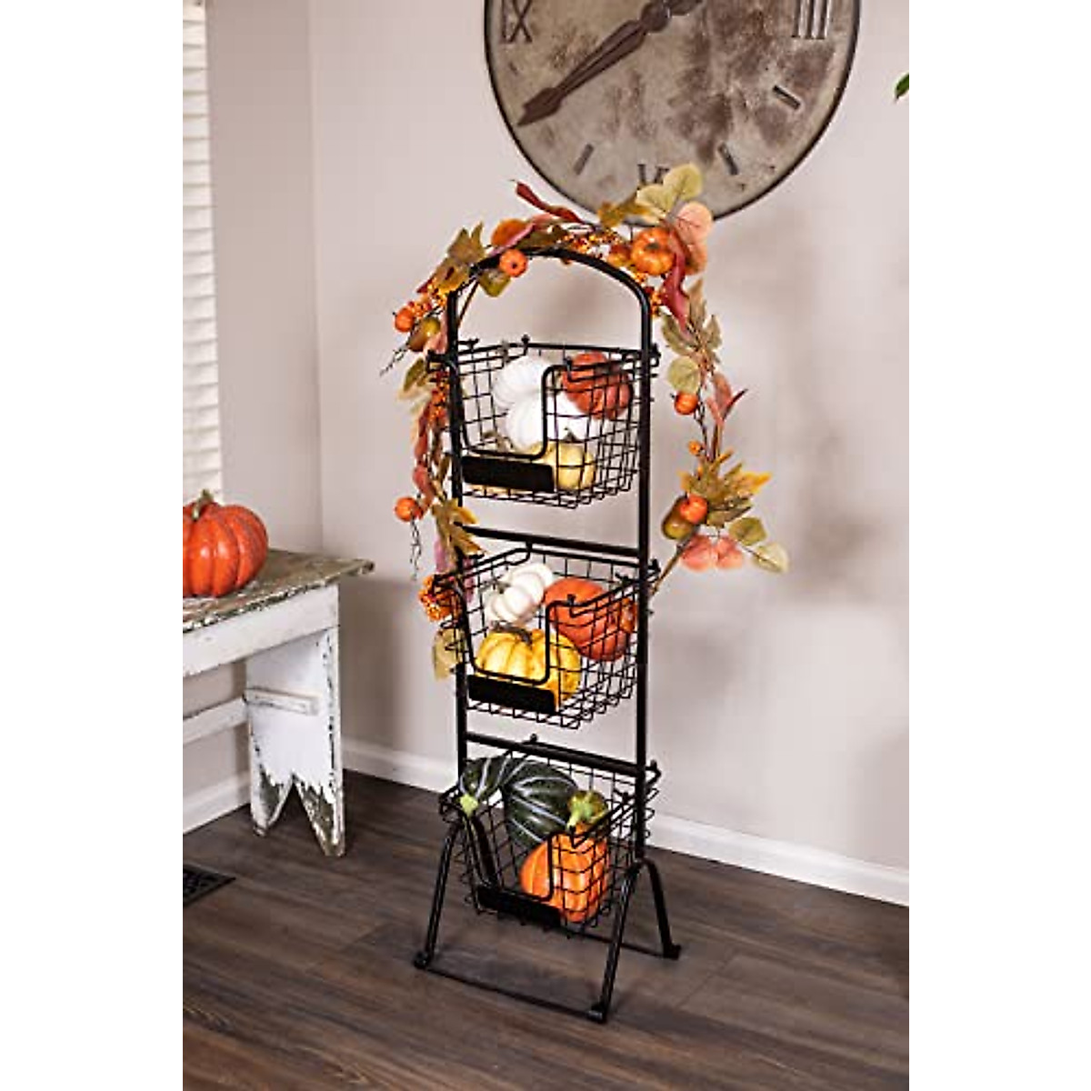 BIRDROCK HOME 3-Tier Wire Market Basket Stand with Chalk Label - Snack Fruit Vegetable Produce Metal Hanging Storage Bin for Kitchen Pantry - Free-Standing or Stacking Organizer - Black
