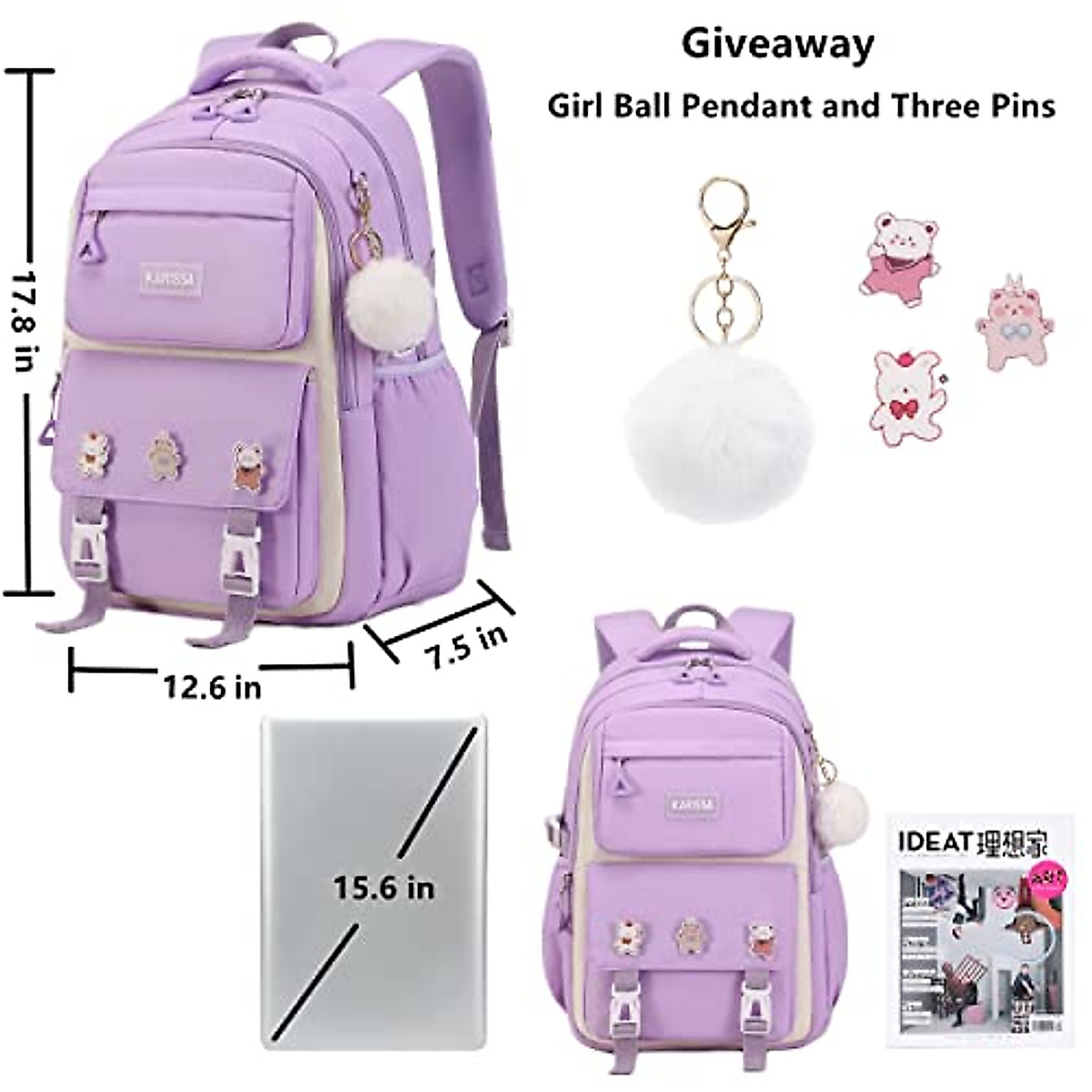 QHRIDS Girls Backpack Aesthetic Laptop Backpacks 15.6 Inch Kids Elementary College School Bag Kawaii Large Bookbag Anime Casual Travel Daypack for Teen Girls Women Students