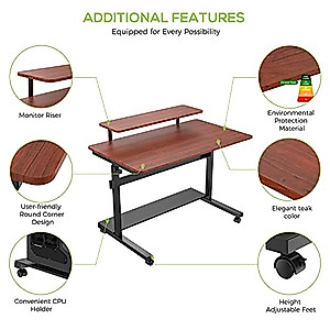 EUREKA ERGONOMIC Mobile Height Adjustable Standing Desk,41 Inch Rolling Stand Up Computer Workstation with Monitor Shelf, Portable Home Office Desk with Wheels,CPU Stand & Detachable Hutch, Teak