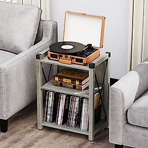 IDEALHOUSE Record Player Stand with Storage, Farmhouse Wooden Turntable Stand with X Metal Frame, 3-Tier Rustic Record Player Side Table for Living Room, Bedroom, Office - Grey