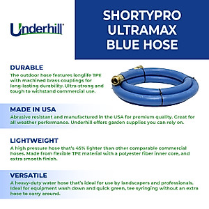 Underhill ShortyPro UltraMax Commercial Garden Water Hose, Lightweight, Heavy-Duty, Flexible, Anti-Kink, 1200 psi, H10-S10, 1 Inch x 10 ft, Blue
