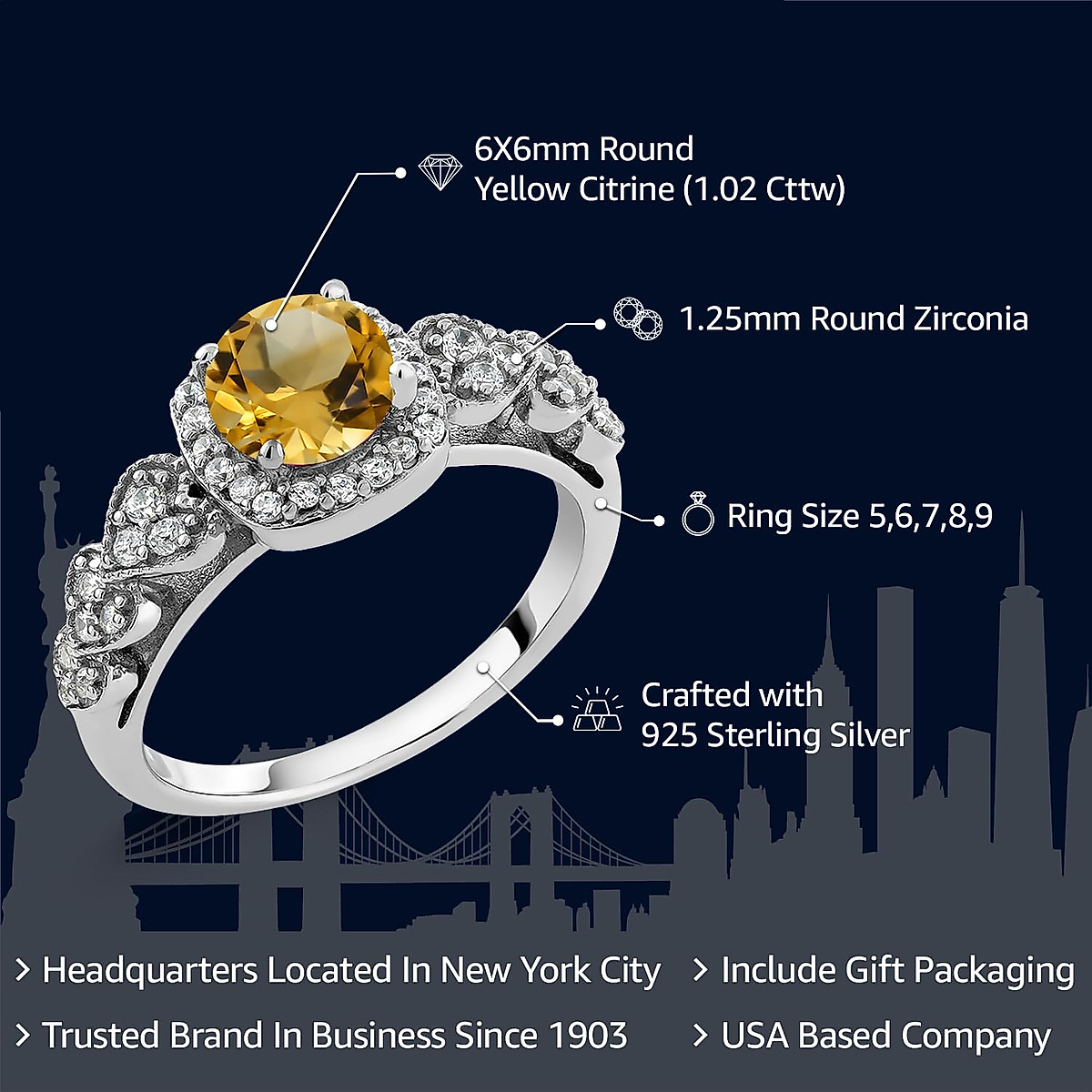 Gem Stone King 925 Sterling Silver Yellow Citrine Engagement Ring For Women (1.02 Cttw, Gemstone Birthstone, Available in Size 5,6,7,8,9)
