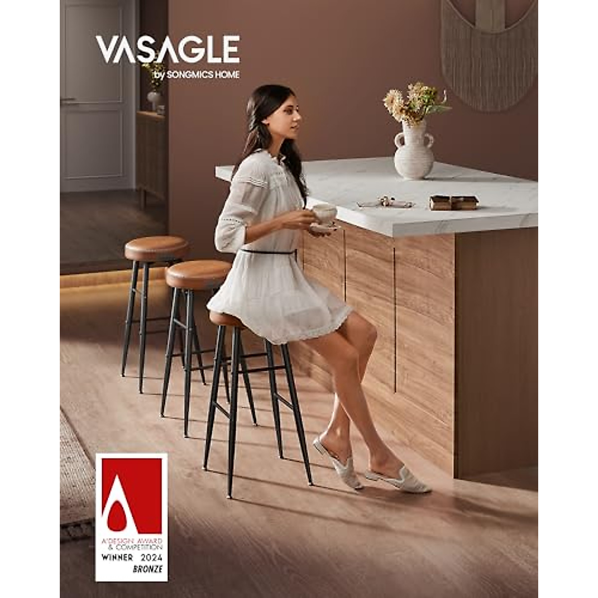 VASAGLE EKHO Collection - Bar Stools Set of 2, Bar Height Bar Stools, Kitchen Counter Stools, Mid-Century Modern Backless Counter Stools, 30-Inch Tall, Kitchen Island Home Bar, Caramel Brown