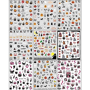 JMEOWIO 9 Sheets Halloween Nail Art Stickers Decals Self-Adhesive Pegatinas Uñas Pink Skull Ghost Witchy Spider Web Pumpkin Spook Nail Supplies Nail Art Design Decoration Accessories