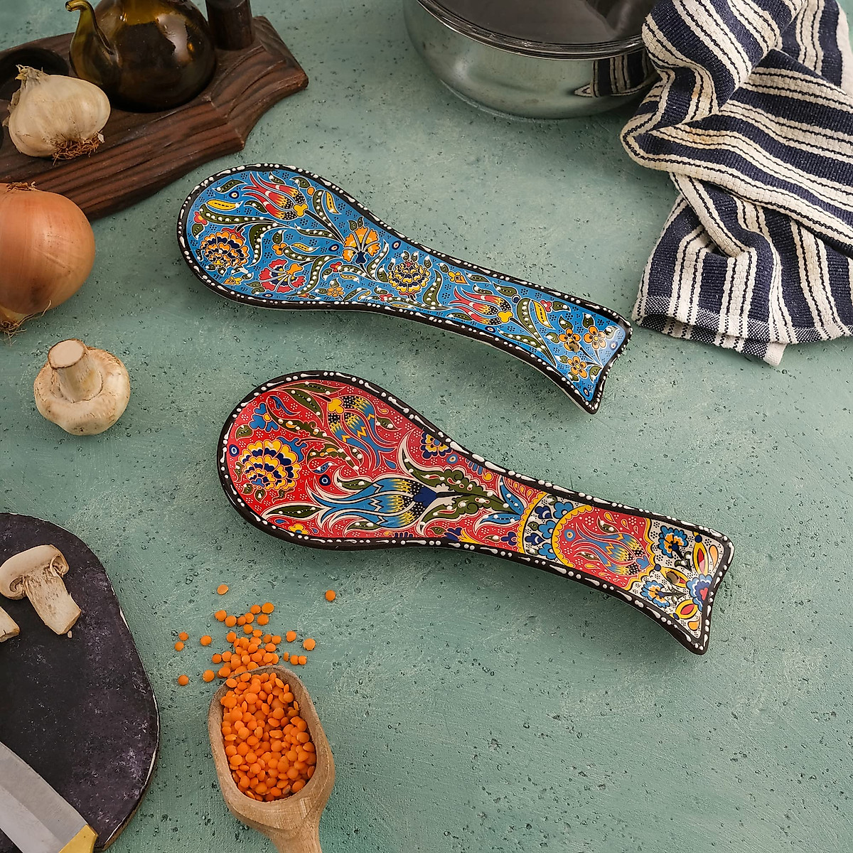 BCS Spoon Rest Set of 2 - Ceramic Spoon Holder for Stovetop & Kitchen Counter - Dishwasher Safe Handmade Kitchen Utensil (Blue-Red 3.5” W x 9" L)