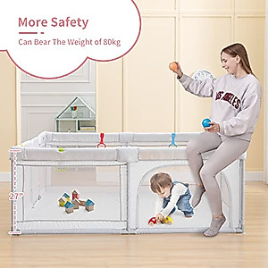 Baby Playpen, 71''x71'' Extra Large Playpens for Babies and Toddlers, Baby Fence with Sturdy Swing Door of Double Lock System, Safety Baby Play Yard with Soft Breathable Mesh (71''x 71''x 27'') Grey