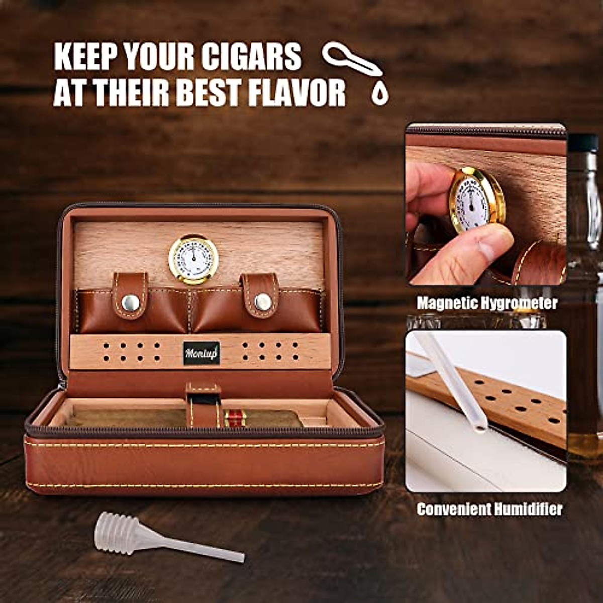 Premium Leather Cigar Humidor Set, Insides Magnetic Hygrometer &amp;Cedar Wood, Cigar Humidifier, V Cutter, Cigar Stand and Punch, Holds 4 Cigars, Portable Travel Cigar Case for Festival Gift, Birthday
