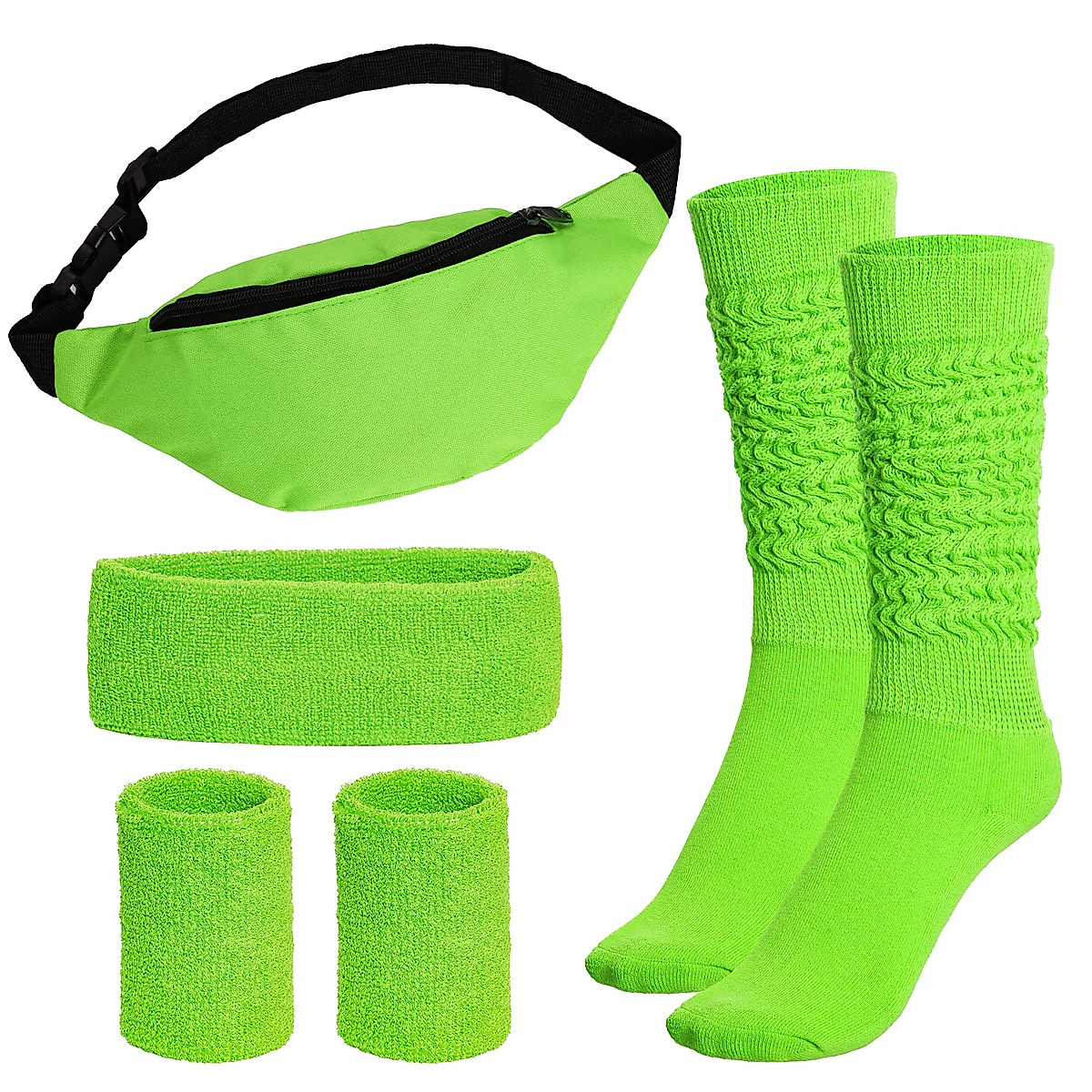 Dxhycc 80s Workout Costume Headband Wristband Set Neon Fanny Pack Running Headband Wristbands and Slouch Socks for Yoga Running Hiking Traveling Green