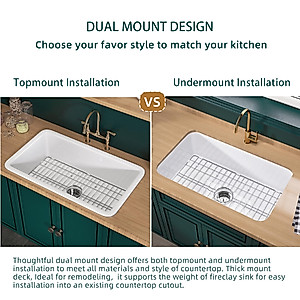 Miuara White Undermount Kitchen Sink 32 Inch - Large Kitchen Sink Drop In 32"x19", 9" Deep Dual Mount Drop In Kitchen Sink, Topmount Single Bowl Fireclay Sink For Kitchen, with Custom Accessories