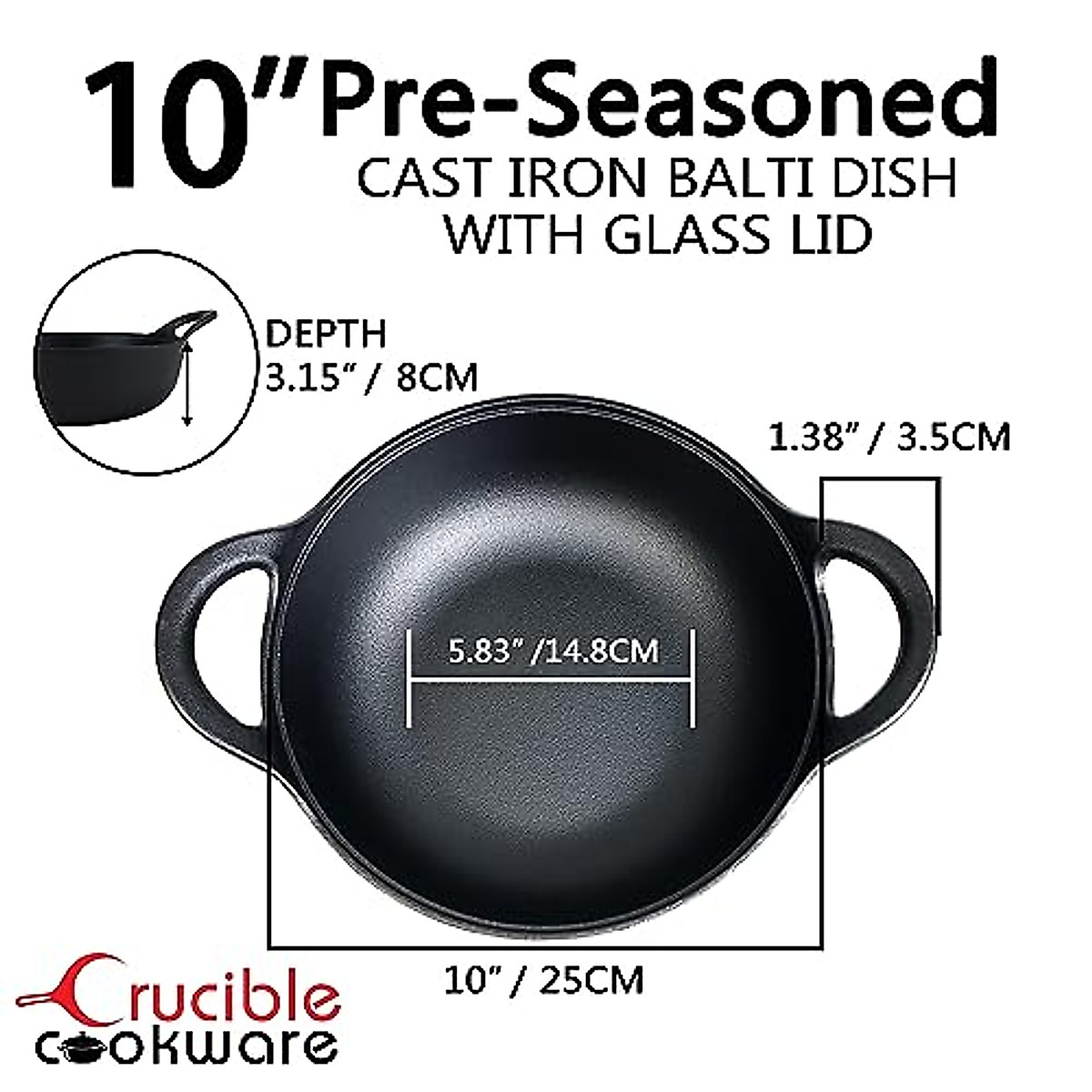 Cast Iron Balti Dish Pot with a Glass Lid, 3 Quart Medium Cast Iron Casserole Dish, Nonstick Handi Cast Iron Kadai Indian, Asian Wok, Dutch Oven