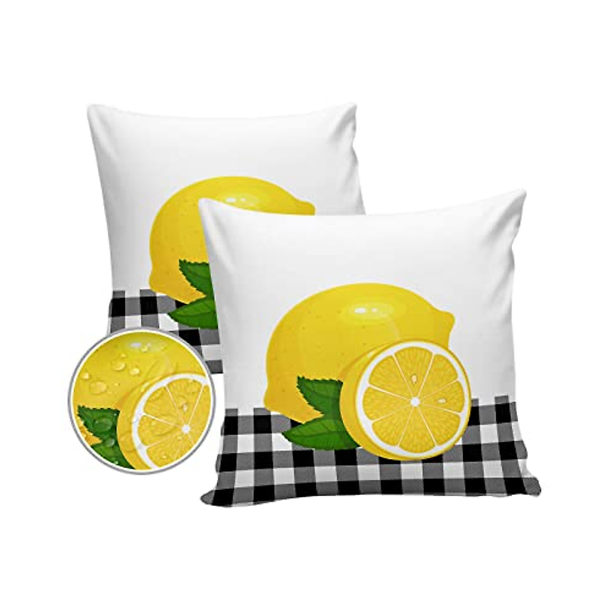 Vandarllin Outdoor Throw Pillows Covers 18X18 Set of 2 Waterproof Lemon Summer Fruit Decorative Zippered Lumbar Cushion Covers for Patio Furniture, Black White Buffalo Check Plaid