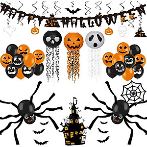DECORLIFE Halloween Party Decorations - Halloween Decoration Indoor with Happy Halloween Banner, Halloween Swirls, Lanterns, Castle Bats Spiders Web Balloons - Halloween Decor for Home Classroom Car