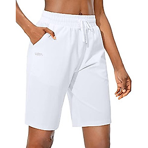 Viodia Women's Bermuda 10" Long Shorts with Pockets Cotton Sweat Lounge Shorts for Women Jersey Athletic Knee Length Shorts for Summer White