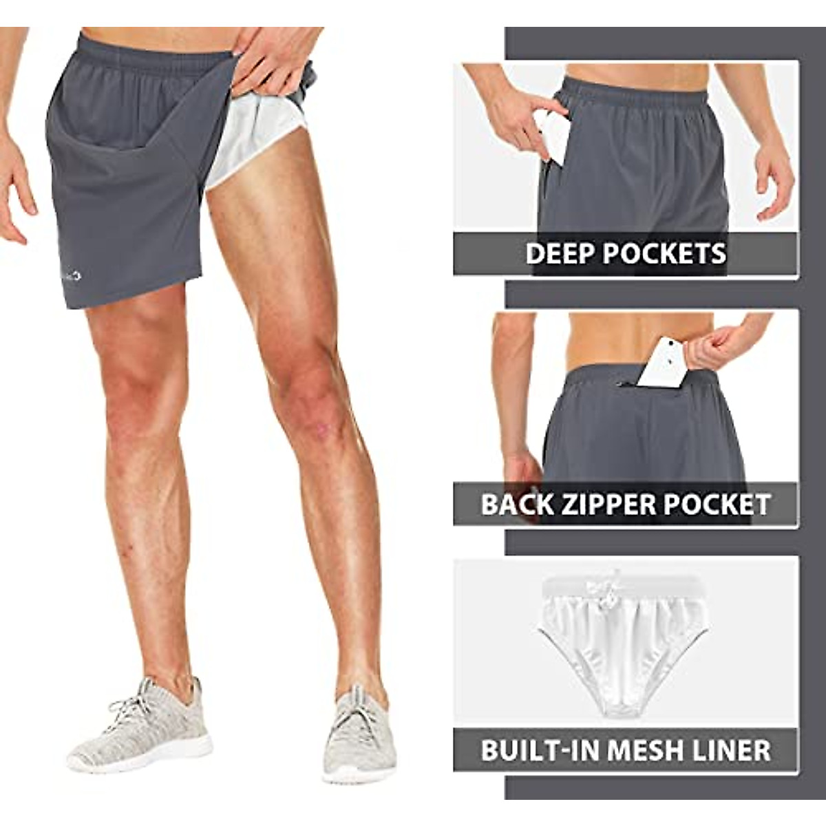 Cakulo Men's 5 Inch Running Tennis Shorts Quick Dry Athletic Workout Active Gym Training Soccer Shorts with Pockets Liner Grey S