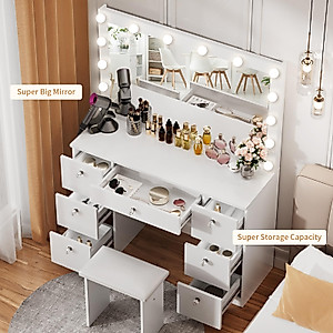 VOWNER Vanity with Lighted Mirror - Makeup Vanity Desk with Power Outlet and 7 Drawers, 3 Color Lighting Modes Adjustable Brightness, 44" Vanity Table with Soft Cushioned Stool for Women Girls, White