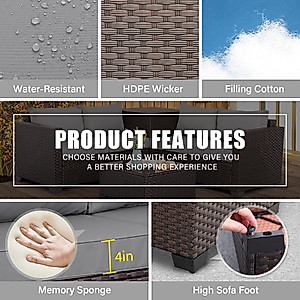 Valita Patio Furniture Set 4 Pieces Outdoor Brown Rattan Sectional Conversation Sofa Chair, Storage Box, Coffee Table,with No-Slip Cushions and Waterproof Covers, Grey