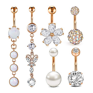 FECTAS 14g Belly Button Rings Dangle Surgical Steel CZ Navel Ring Barbell for Women Body Piercing Jewelry Rose Gold Silver