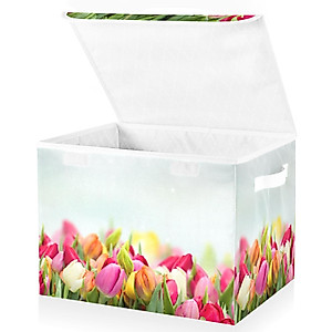 VIGTRO Tulips Flowers Garden Storage Bins with Lids Foldable Storage Boxes with 2 Handles, Summer Decorative Storage Basket Collapsible for Clothes Books